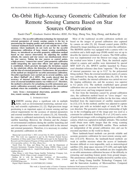 Pdf On Orbit High Accuracy Geometric Calibration For Remote Sensing Camera Based On Star