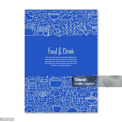 식음료 관련 개체 및 요소 손으로 그린 벡터 낙서 일러스트 레이션 컬렉션 포스터 다른 음식과 음료 개체와 커버 템플릿 레스토랑에 대한 스톡 벡터 아트 및 기타 이미지