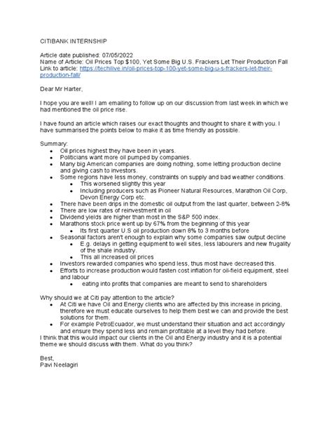 Citibank Internship Pdf Price Of Oil Prices