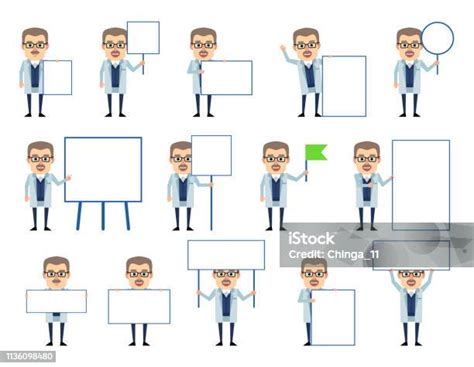 다양 한 빈 간판으로 포즈 오래 된 교수 캐릭터의 집합입니다 쾌활 한 과학자 지주 종이 배너 포스터 화이트 보드를 가리키는 가리키기에 대한 스톡 벡터 아트 및 기타 이미지