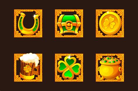 세인트 패트릭 데이 게임 슬롯 인사말 카드 스티커 또는 인쇄를 위한 녹색황금 아이콘 6 개의 아이콘 클로버 황금 동전 가마솥 맥주 머그잔 녹색 상자 동전 및 말굽 0명에