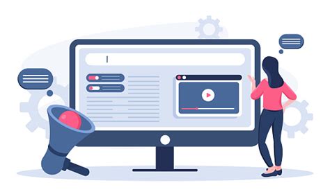 마케터 온라인 컨셉 컴퓨터 모니터 근처에 확성기를 가진 여자 인터넷 홍보 및 마케팅 직장의 Smm 및 Seo 전문가 온라인