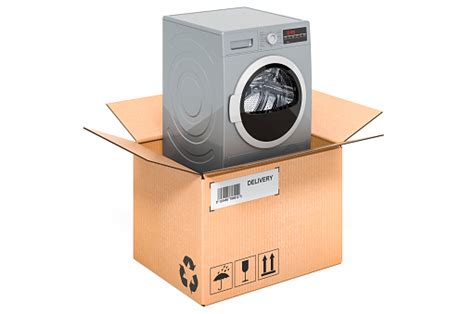 골판지 상자 내부의 회전식 건조기 배달 개념 흰색 배경에서 격리된 3d 렌더링 3차원 형태에 대한 스톡 사진 및 기타 이미지 3차원 형태 가정 생활 개념 Istock