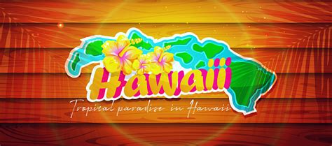 만화 스타일의 알로하 하와이 열대 휴가 개념 하와이 제도 지도 스티커는 야자수 그늘에 있는 오래된 나무 복고풍 배경에 환영 텍스트가 있습니다 배경 주제에 대한 스톡 벡터