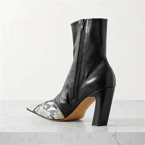 Black Square Toe Chunky Heel Python Patchwork Ankle Boots For Women