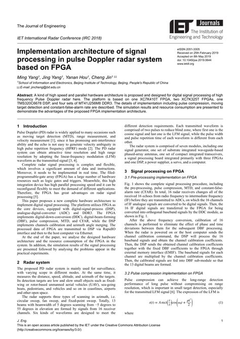 pdf implementation architecture of signal processing in pulse doppler radar system based on fpga