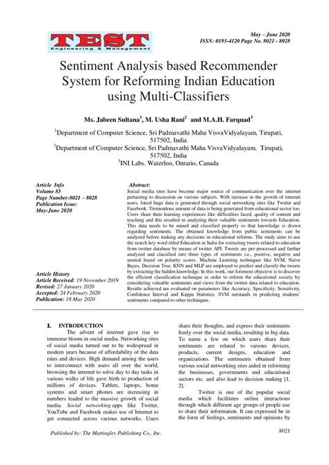 Pdf Sentiment Analysis Based Recommender System For Reforming Indian Education Using Multi