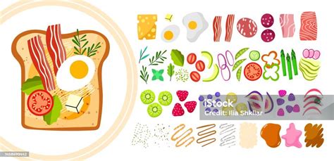 맛있는 샌드위치 생성자 다양한 식재료 짠맛과 단 음식 토핑 종류 고기와 야채 평면도 벡터 세트 구도에 대한 스톡 벡터 아트 및 기타 이미지 Istock