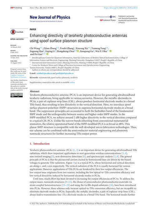Pdf Enhancing Directivity Of Terahertz Photoconductive Antennas Using Spoof Surface Plasmon