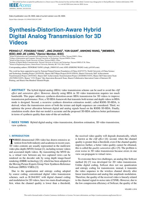 Pdf Synthesis Distortion Aware Hybrid Digital Analog Transmission For 3d Videos