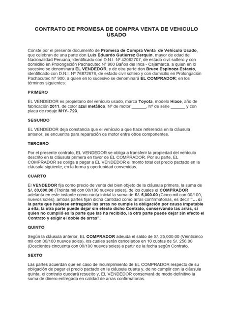 Contrato De Promesa De Compra Venta De Vehiculo Usado Pdf