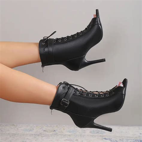 Womens Pointed Toe Lace High Heels Sexy Black Buckle Belt Temu