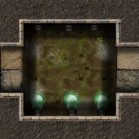 An Image Of Some Green Lights In The Middle Of A Stone Wall With A Window