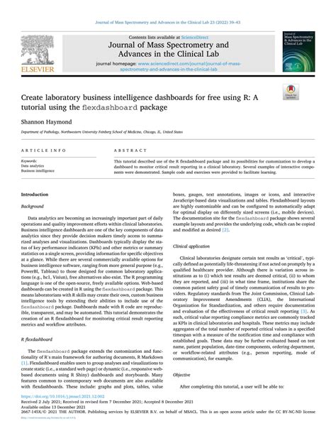 Pdf Create Laboratory Business Intelligence Dashboards For Free Using R A Tutorial Using The