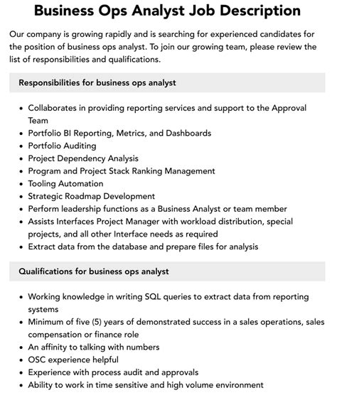 Business Ops Analyst Job Description Velvet Jobs