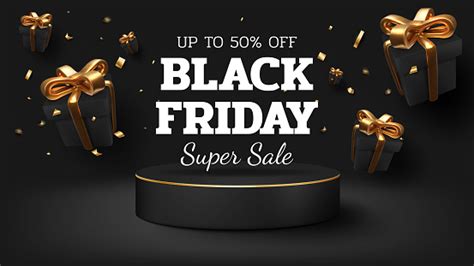 선물 상자와 리본 골든 럭셔리와 블랙 프라이데이 배경 사실적으로 시상대에 표시 3d 벡터 그림입니다 블랙프라이데이에 대한 스톡 벡터 아트 및 기타 이미지 Istock