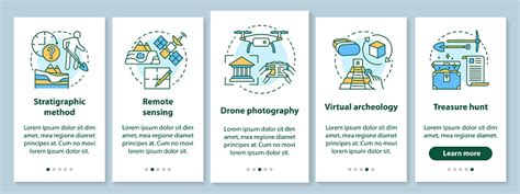 선형 개념으로 모바일 앱 페이지 화면을 온보딩하는 고고학 방법 지형의 연구 보물 찾기 연습 단계 그래픽 지침 Ux Ui 그림이