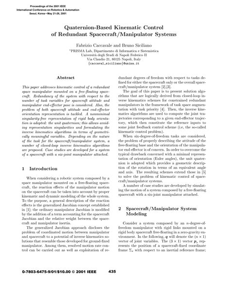 Pdf Quaternion Based Kinematic Control Of Redundant Spacecraft Manipulator Systems