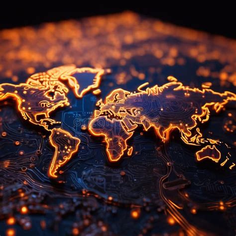 Digital World Map Overlays A Dark Intricate Circuit Board Symbolizing Global Connectivity And