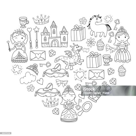 낙서 공주와 판타지 아이콘 집합이 고 그리고 초대 인사말 카드에 대 한 디자인 요소 아이 그림입니다 유치원 유치원 학교 패턴 6 7 살에 대한 스톡 벡터 아트 및 기타