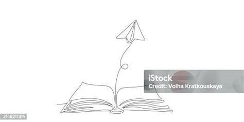 펼쳐진 책과 날아다니는 종이비행기의 연속적인 한 줄의 그림 학교 교육 연구를 위한 콘텐츠의 한 줄 그리기 흰색 배경에 벡터