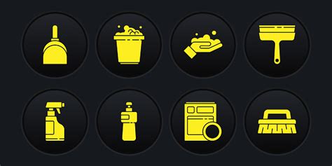 세제 액체가 든 스프레이 병 창문용 고무 클리너 식기 세척기 주방 식기 세척기 손 씻기 비누 양동이 비눗물 브러시 청소 및 쓰레받기 아이콘을 설정합니다 벡터 가정 생활에
