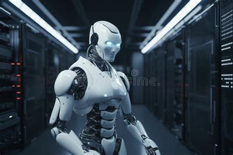3d Rendering Humanoid Robot Working In Data Center Room Or Server Room