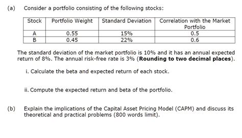 A Consider A Portfolio Consisting Of The Following Stocks Stock Portfolio Weight Standard