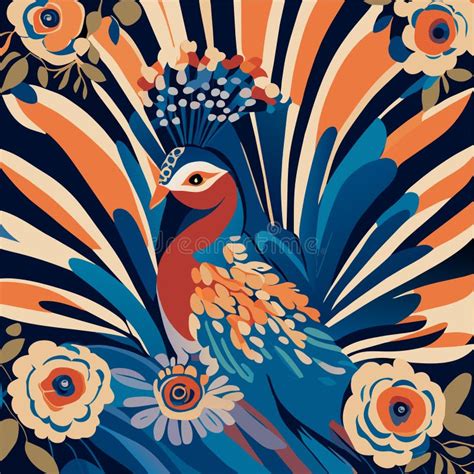 Seamless Pattern With Peacock And Flowers Vector Generative Ai Stock