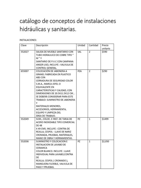 Catálogo De Conceptos De Instalaciones Hidráulicas Y Sanitarias Pdf