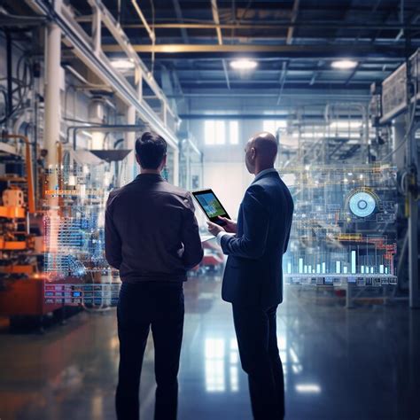Premium Ai Image Factory Digitalization Two Industrial Engineers Use Tablet Computer Big Data