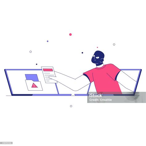 해커는 사이버 절도 온라인 사기 및 데이터 보안 위반을 상징하는 평면 벡터 일러스트 레이 션에서 노트북을 통해 디지털 문서를 훔치고 흰색 배경에 고립되어 있습니다 개념에