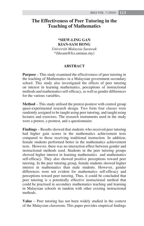 Pdf The Effectiveness Of Peer Tutoring In The Teaching Of Mathematics