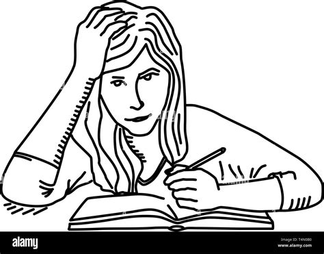 Student Girl Preparing Homework Vector Line Drawing Stock Vector Image