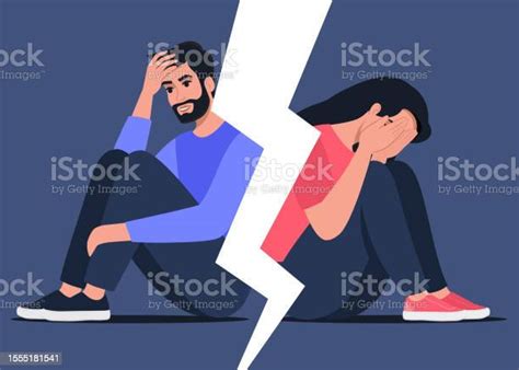 남자와 여자는 서로 등을 대고 앉아 있습니다 이혼 오해 불일치 관계 문제의 개념 남자와 여자는 다툼 갈등을 겪고 있습니다 벡터