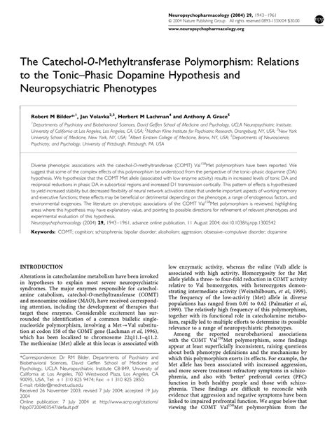 Pdf The Catechol O Methyltransferase Polymorphism Relations To The Tonicphasic Dopamine
