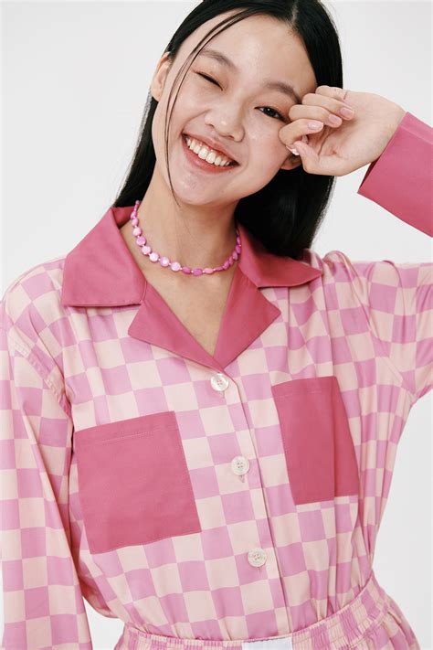 여 핑크 그리드 파자마 셔츠 Eternal Journey