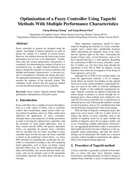 Pdf Optimization Of A Fuzzy Controller Using Taguchi Methods With Multiple Performance