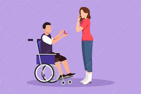 만화 플랫 스타일 그리기 장애인 캐릭터 낭만적인 남자가 예쁜 여자 결혼식에 제안했습니다 행복한 가족 휠체어에 특별한 도움이