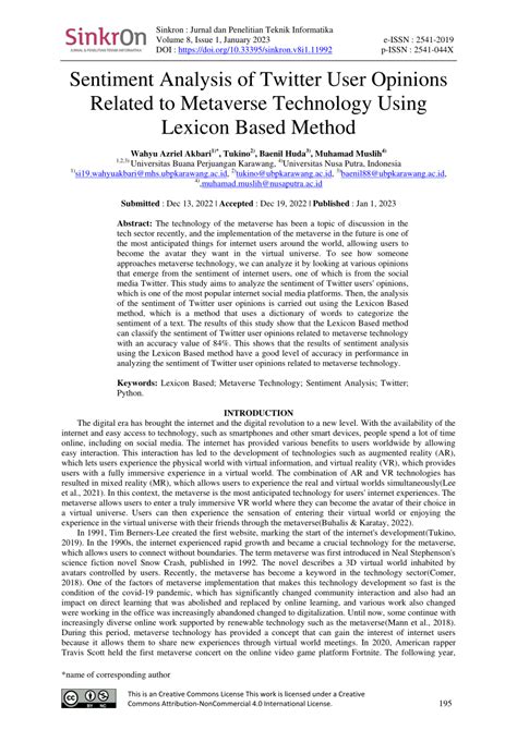 Pdf Sentiment Analysis Of Twitter User Opinions Related To Metaverse Technology Using Lexicon
