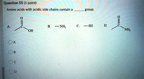 Solved Question 55 1 Point Amino Acids With Acidic Side Chains Contain A Group Nh2 Sh Oh Nh2