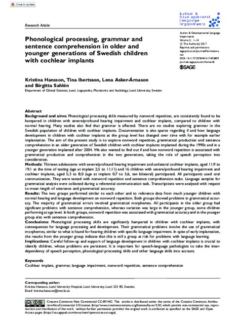 Pdf Phonological Processing Grammar And Sentence Comprehension In Older And Younger