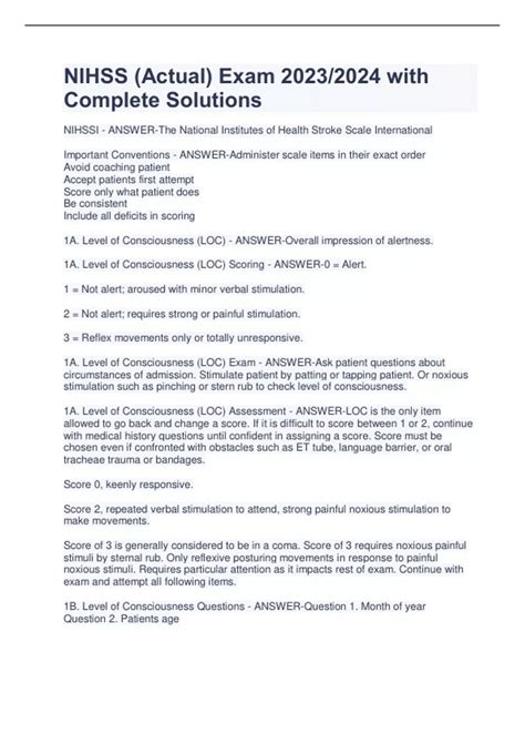 Nihss Actual Exam 2023 2024 With Complete Solutions Nihss Stuvia Us