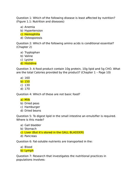Sample Midterm Questions Hnsc 1210 Question 1 Which Of The Following Disease Is Least