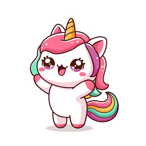 귀여운 고양이 유니콘 카와이 마스코트 만화 일러스트레이션 프리미엄 벡터