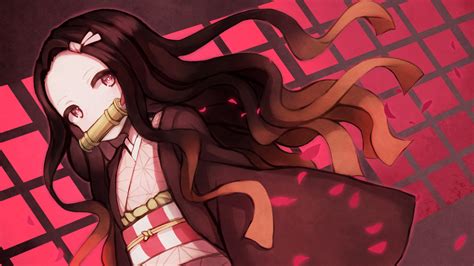 Demon Slayer Nezuko Kamado With Long Hair With Background Of Red And Black Line Window Hd Anime