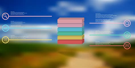 3d 그림 인포 그래픽 템플릿입니다 양각 된 입방체는 수평으로 6 개의 색상 부분으로 나뉩니다 개체는 흐린 된 사진 배경에 배치 됩니다 표지판이 있는 선은 양쪽에 있습니다