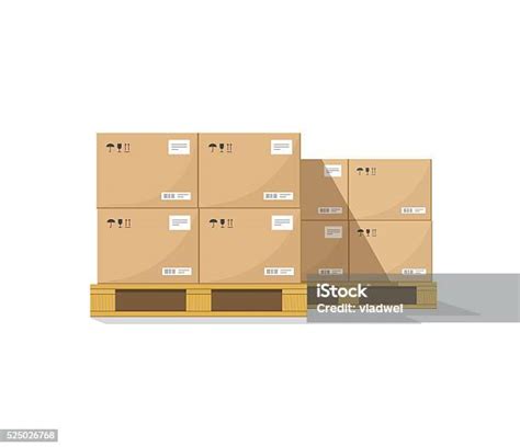 กล่องชิ้นส่วนคลังสินค้าบนพาเลทไม้ภาพประกอบเวกเตอร์ที่มีเงา ภาพประกอบสต็อก ดาวน์โหลดรูปภาพ