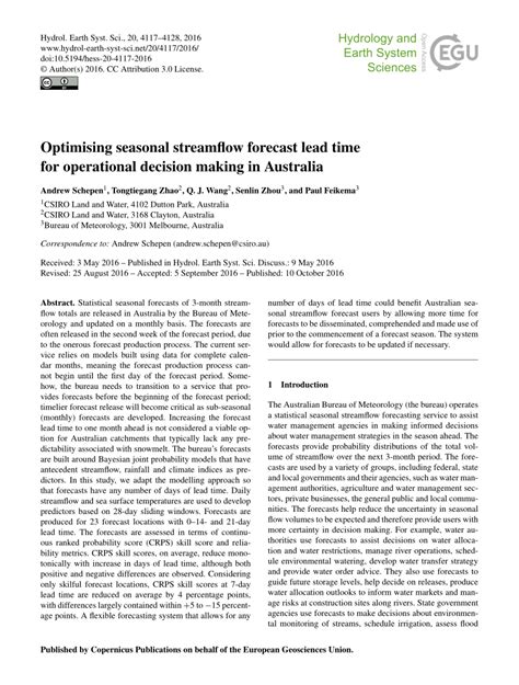 Pdf Optimising Seasonal Streamflow Forecast Lead Time For Operational Decision Making In Australia