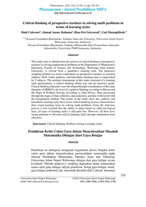 Pdf Critical Thinking Of Prospective Teachers In Solving Math Problems In Terms Of Learning Styles
